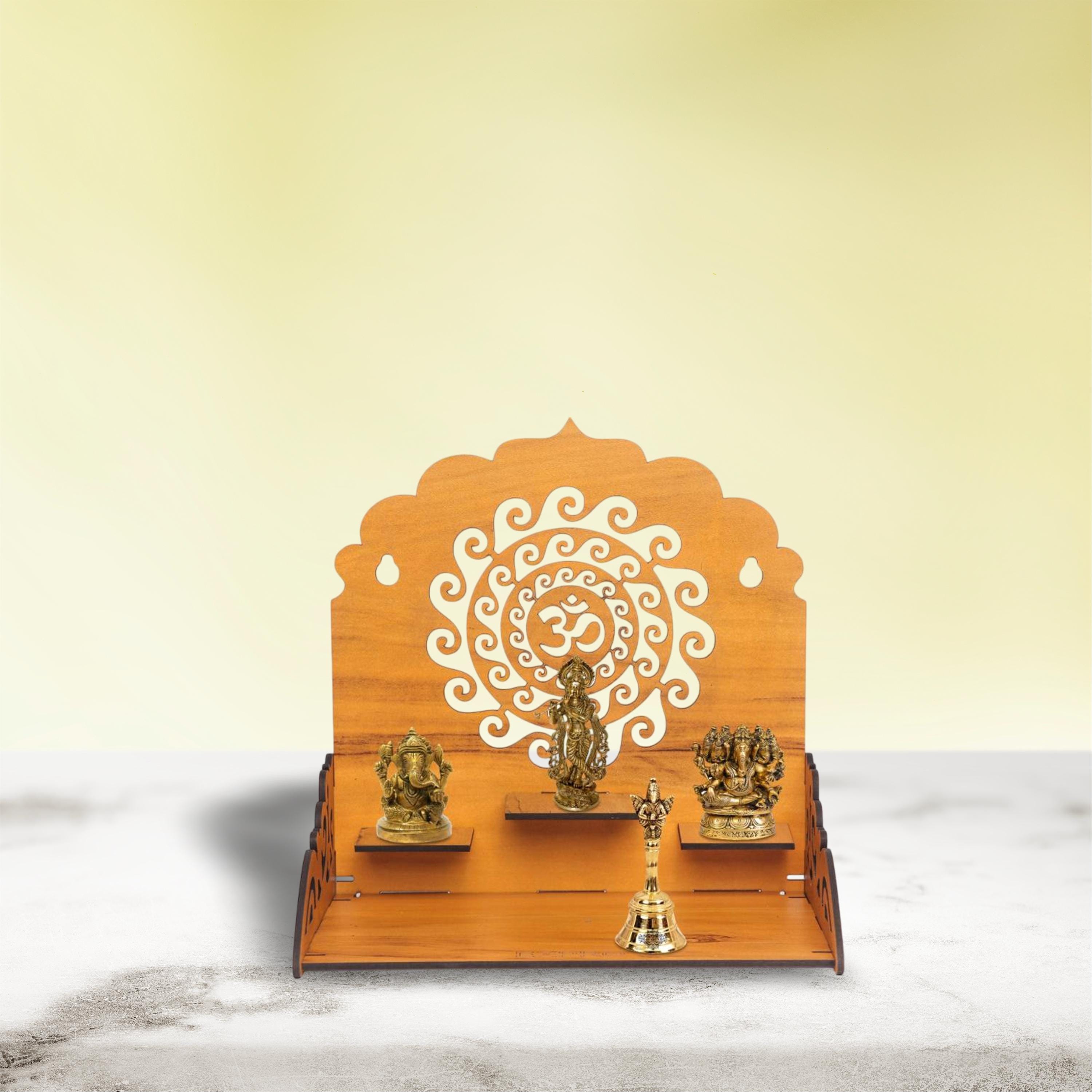 Wooden Pooja Mandir for Home Temple With Om Design Backdrop and Brass ...