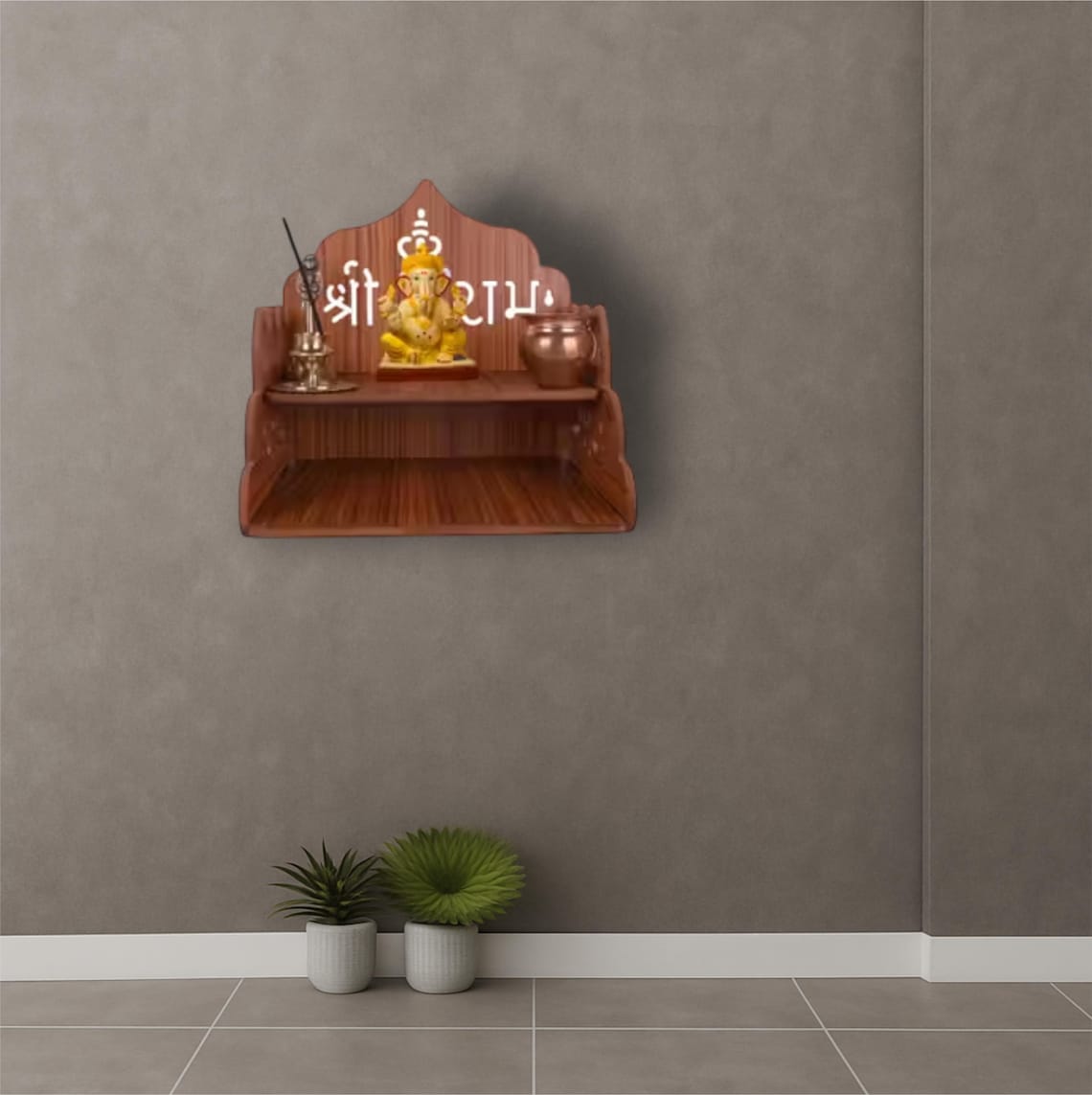 Wooden Wall Mounted Pooja Mandir | Compact Temple With Ganesh Backdrop ...