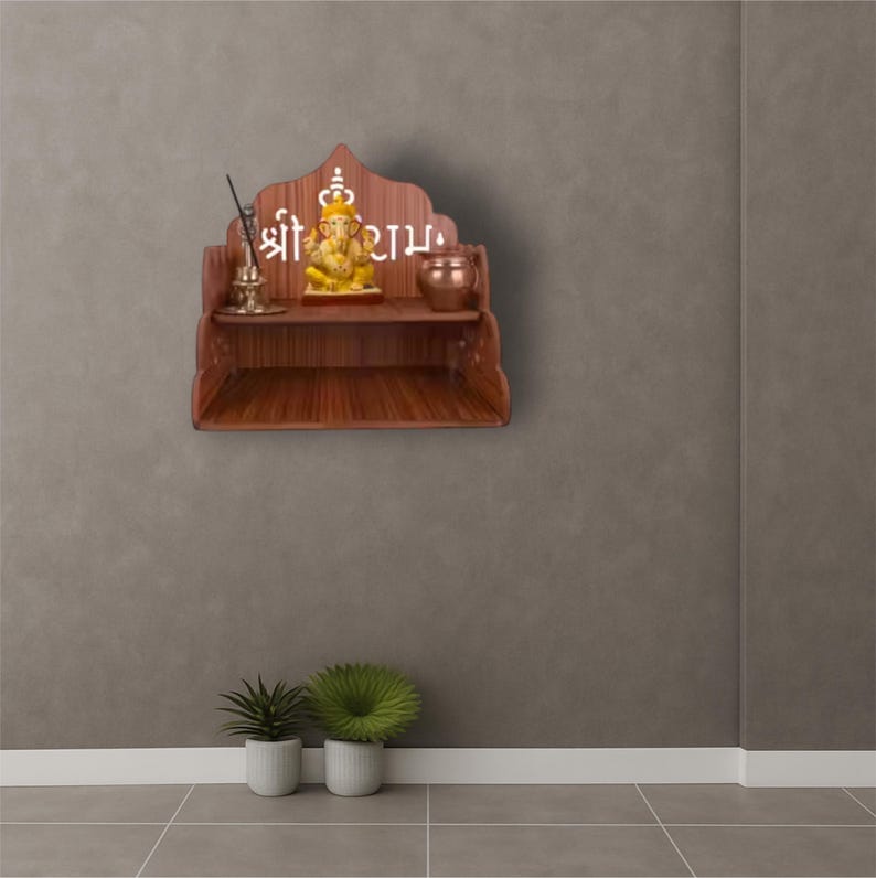 Wooden Wall Mounted Pooja Mandir | Compact Temple With Ganesh Backdrop ...