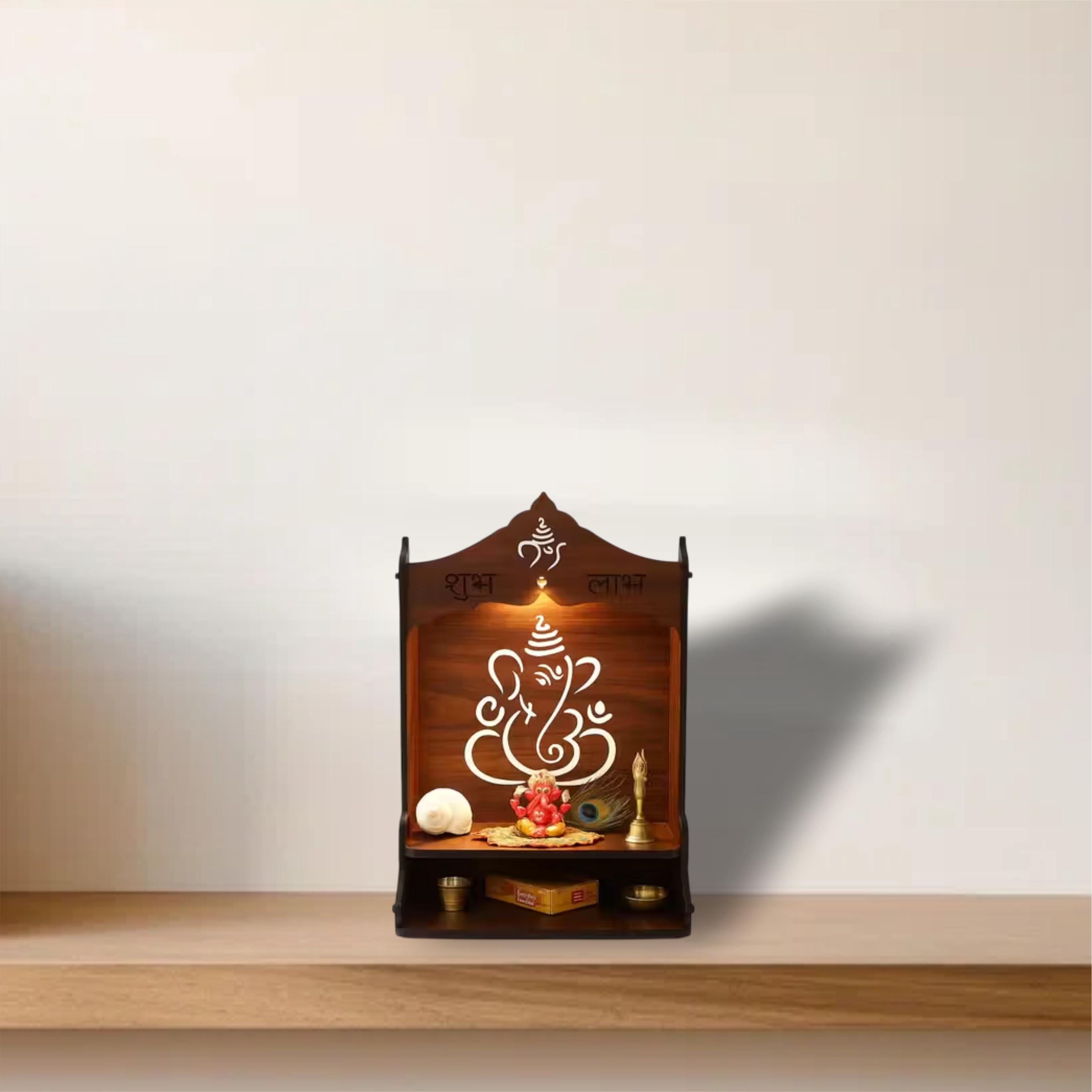 Wooden Pooja Mandir With Ganesh Ji Engraving & LED Light | Shubh Labh ...