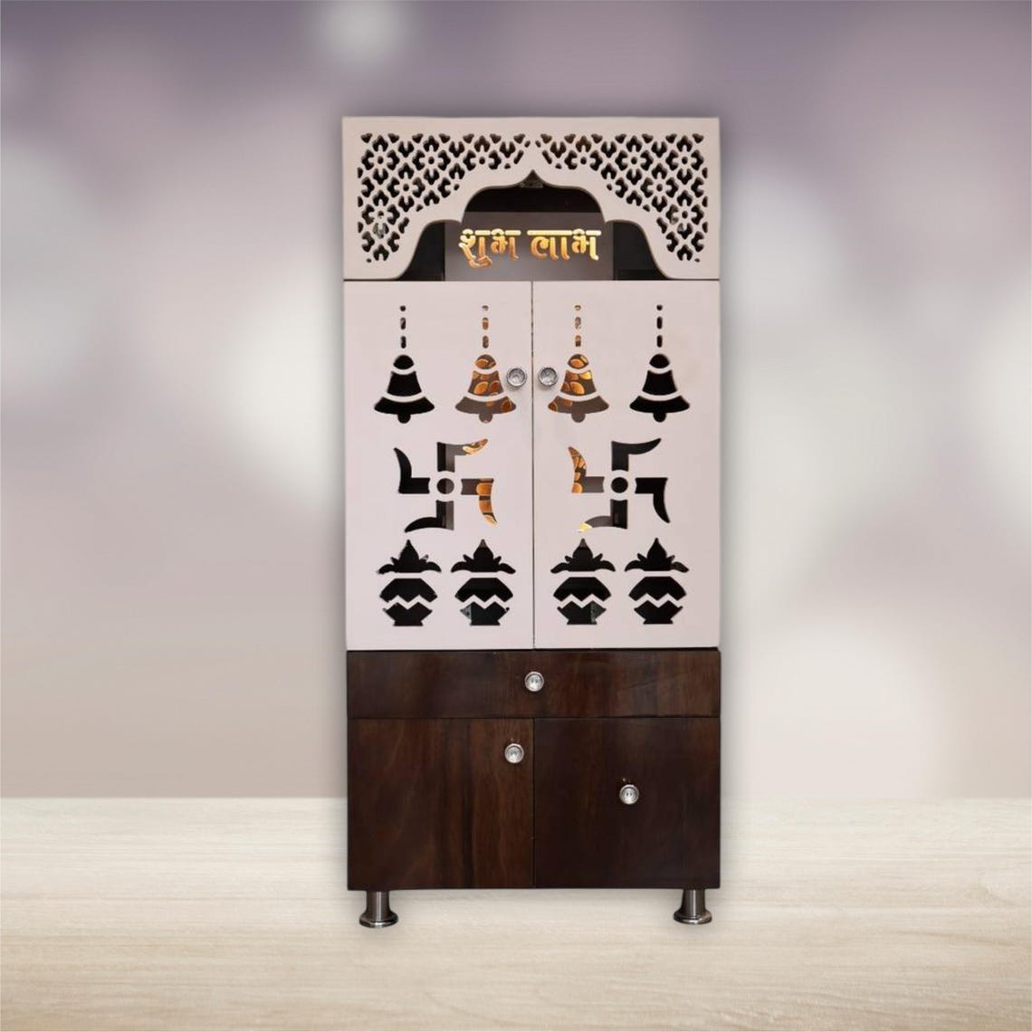 Wooden Pooja Mandir With Doors | Engineered Wood Temple With Storage ...