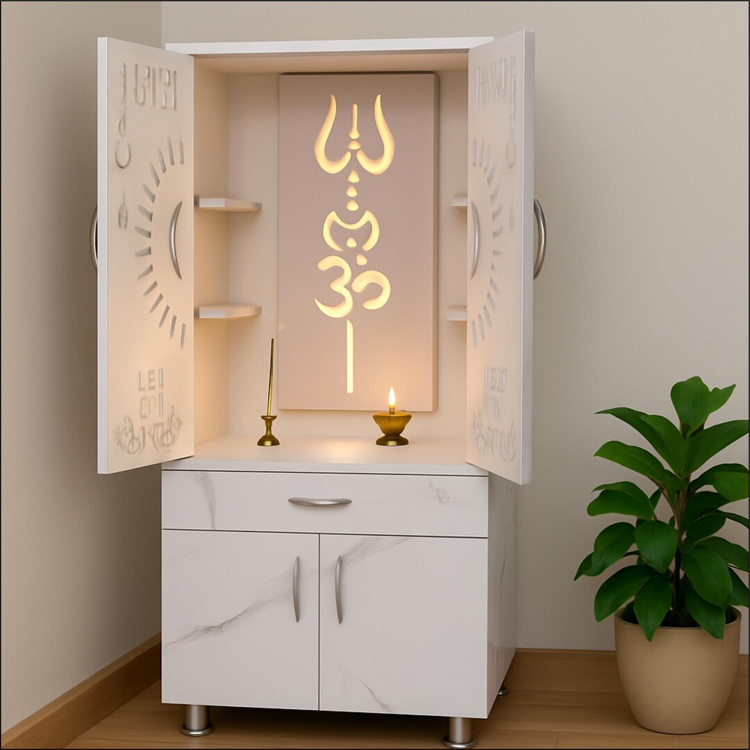 White Wood Pooja Mandir With Storage Cabinet, Carved Door Design, LED ...