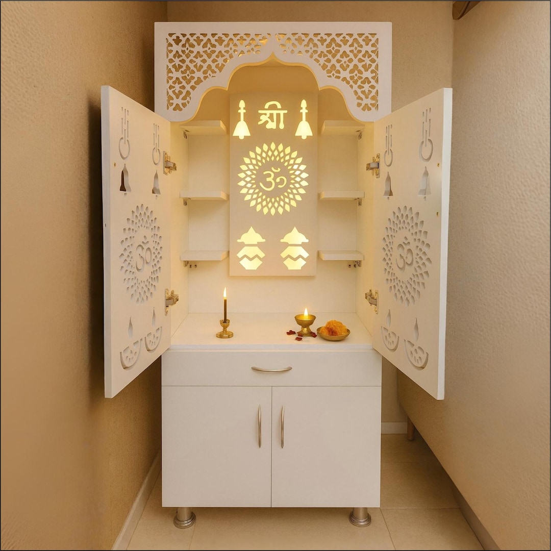 White Wood Pooja Mandir With Storage Cabinet, LED Backlit Om Symbol ...