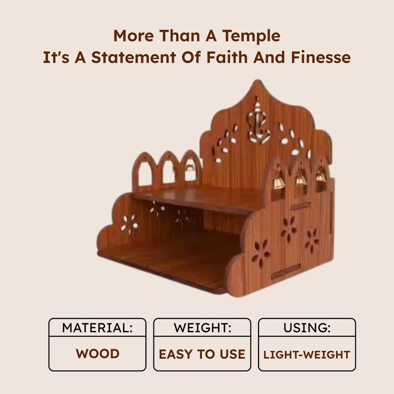 Wooden Wall Mounted Pooja Mandir | Compact Temple With Ganesh Backdrop ...