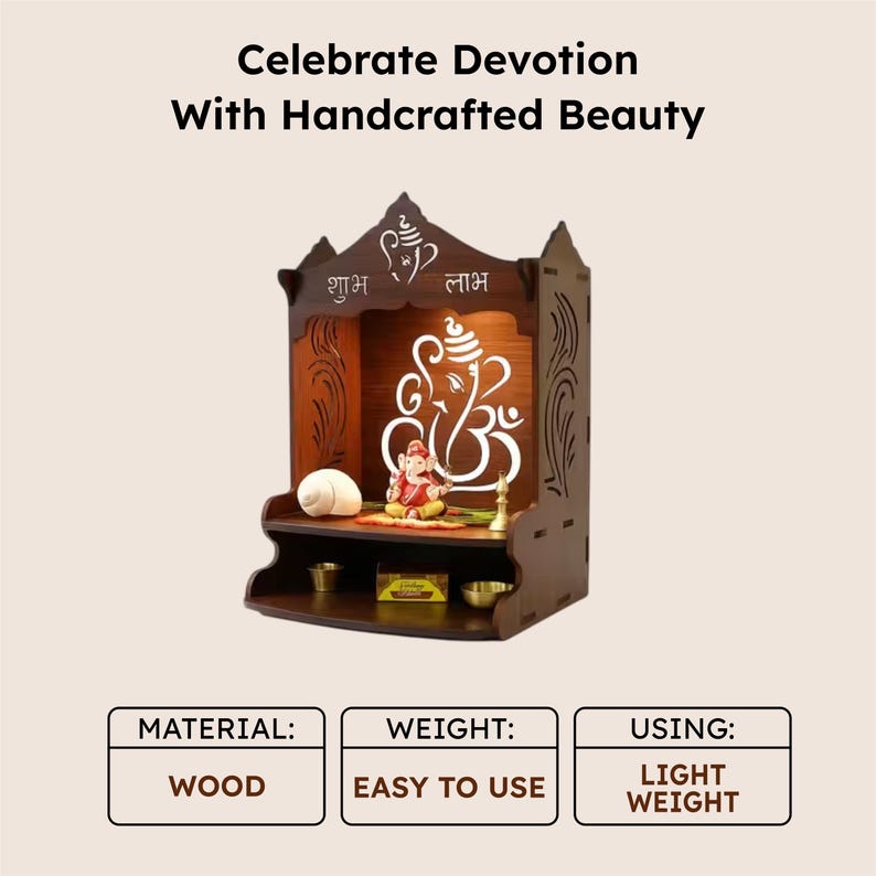Wooden Pooja Mandir With Ganesh Ji Engraving & LED Light | Shubh Labh ...