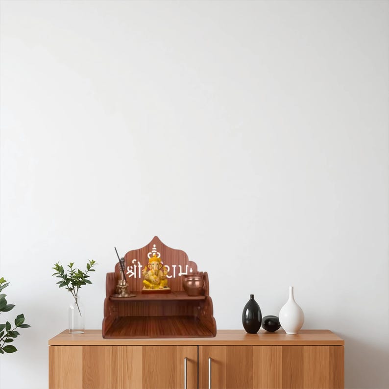 Wooden Wall Mounted Pooja Mandir | Compact Temple With Ganesh Backdrop ...