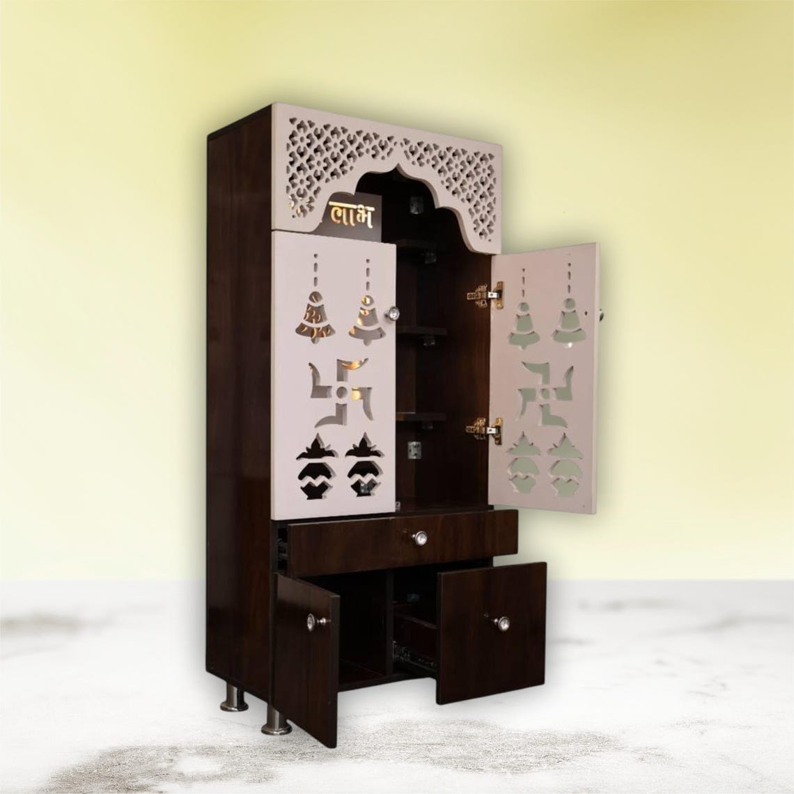 Wooden Pooja Mandir With Doors | Engineered Wood Temple With Storage ...