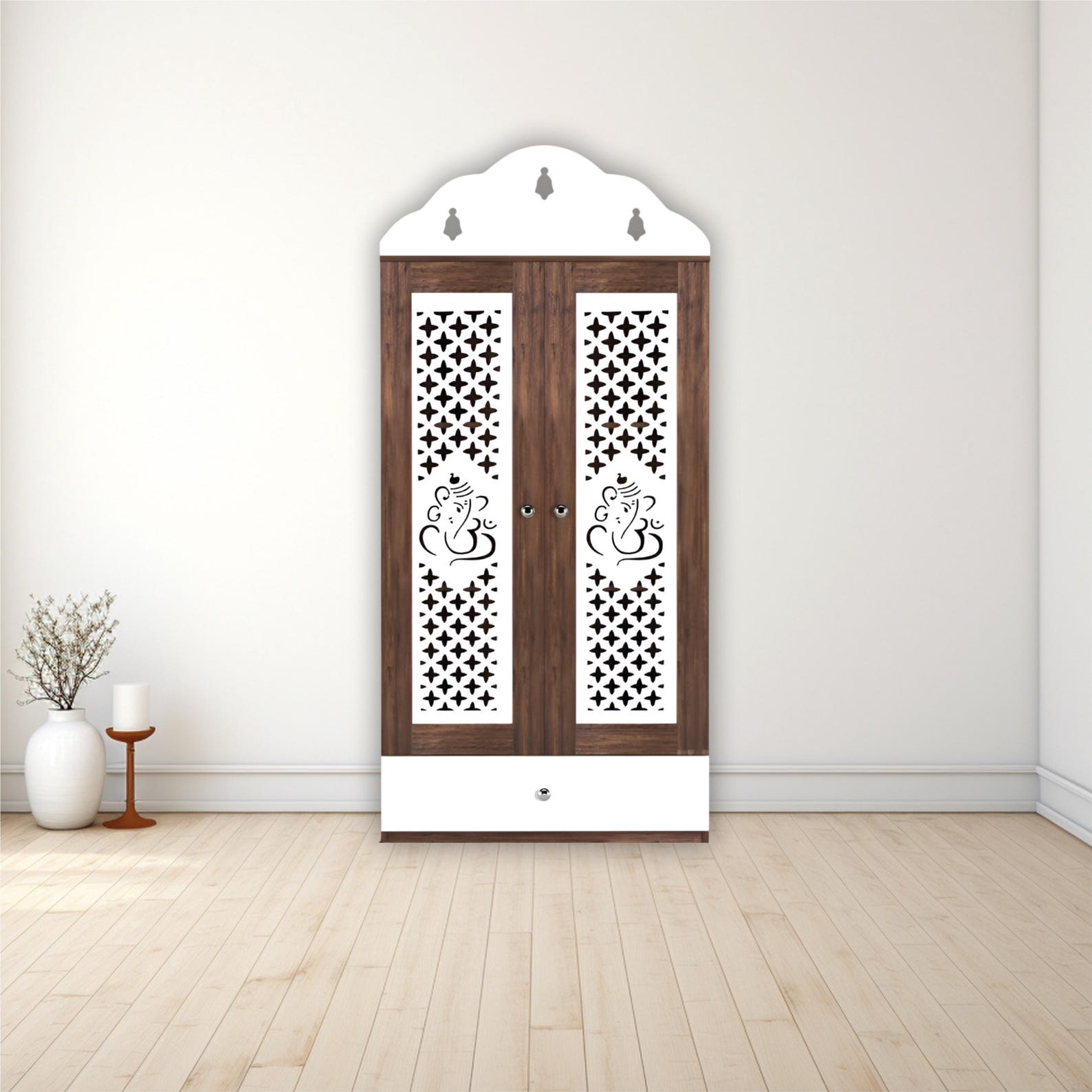 Engineered Wood Pooja Mandir With Ganesha Cutwork Doors and Star Motif ...