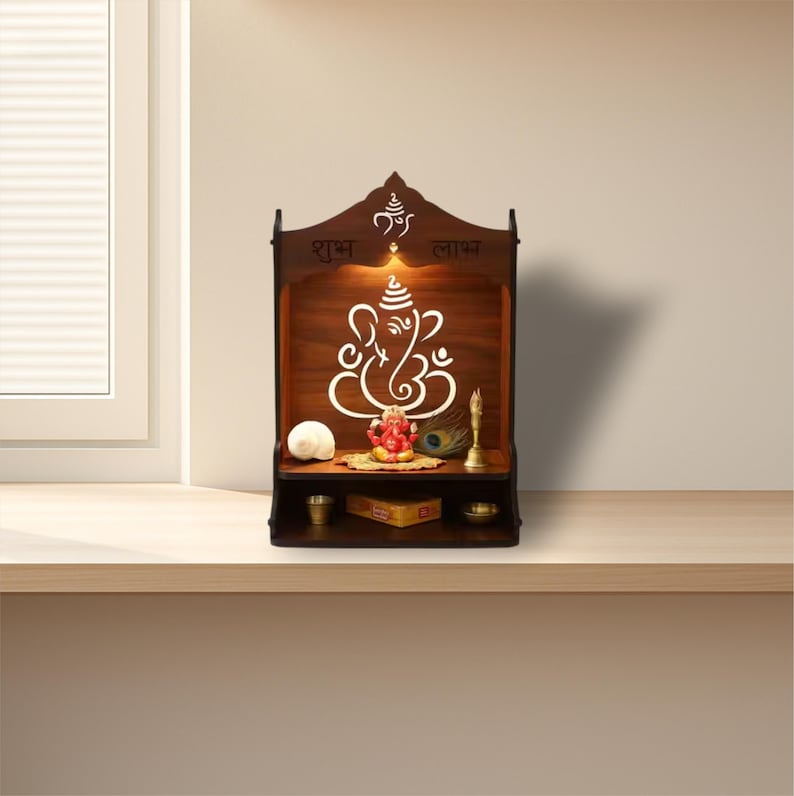 Wooden Pooja Mandir With Ganesh Ji Engraving & LED Light | Shubh Labh ...