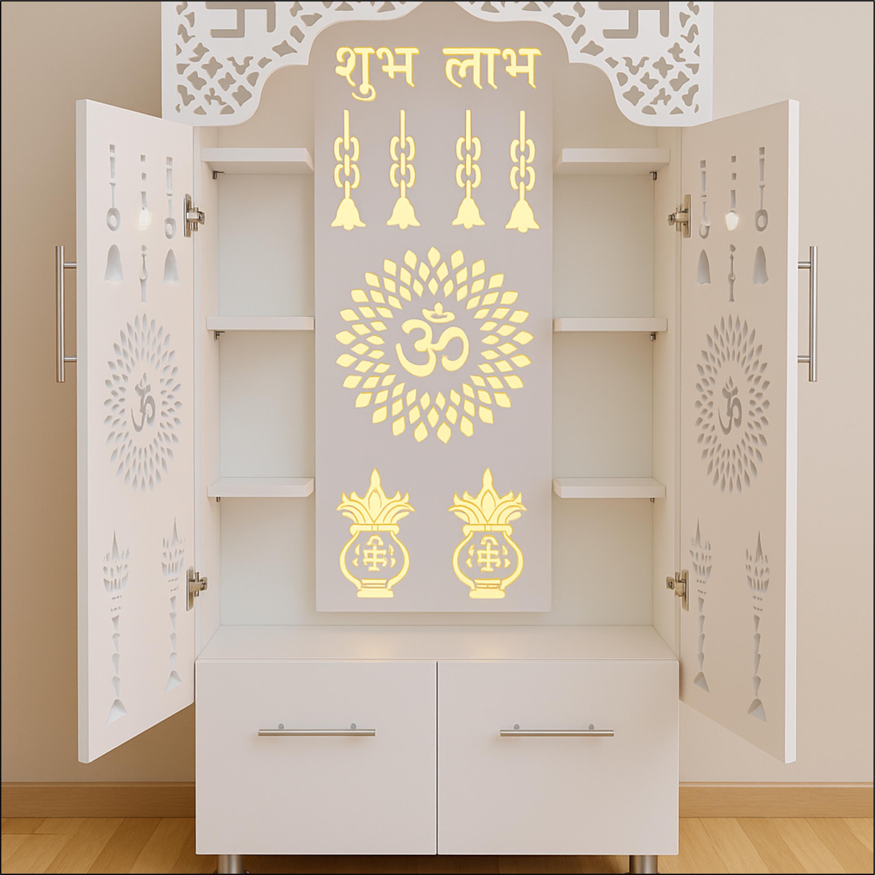 White Wooden Pooja Mandir for Home | Engineered Wood Temple With LED Om ...