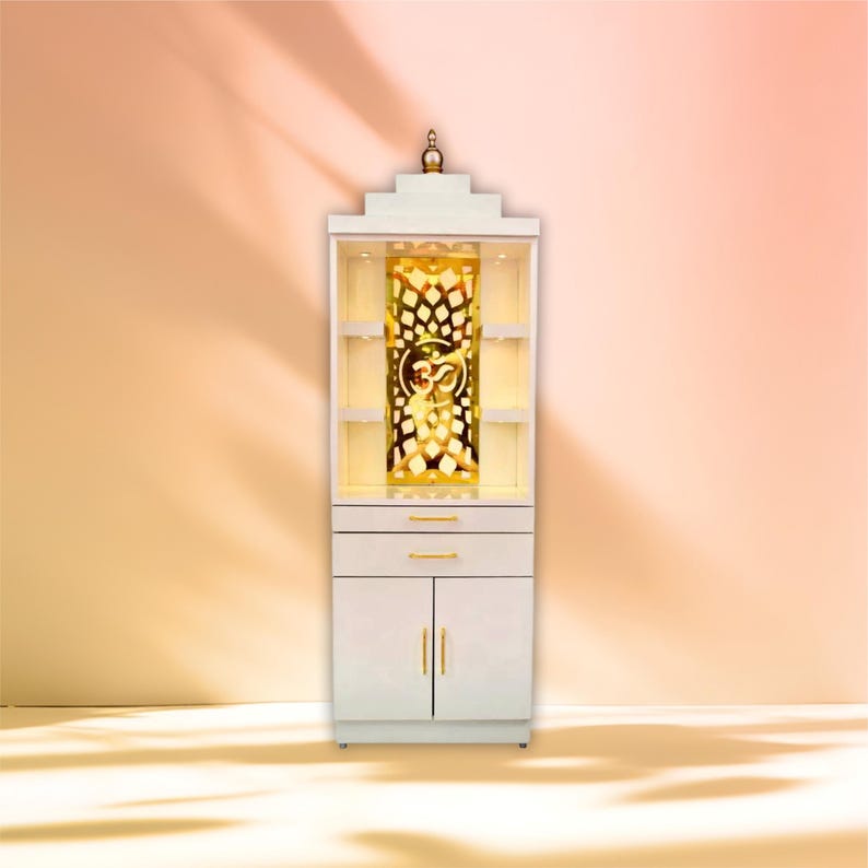 White Solid Wood Pooja Mandir for Home | Handmade Hindu Temple Cabinet ...