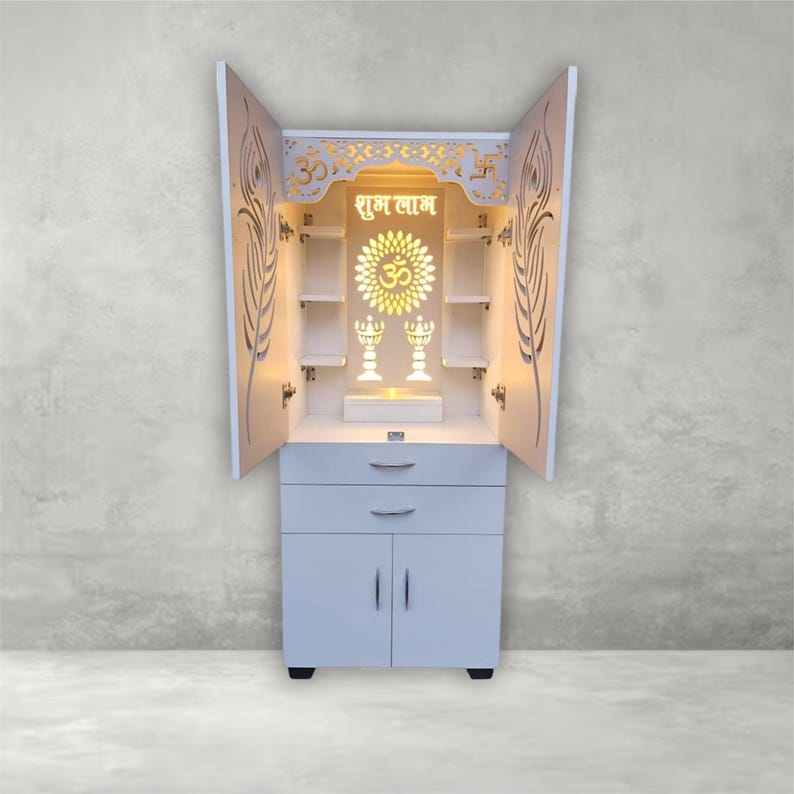 Engineered Wood Pooja Mandir for Home in Elegant White With Backlit Om ...
