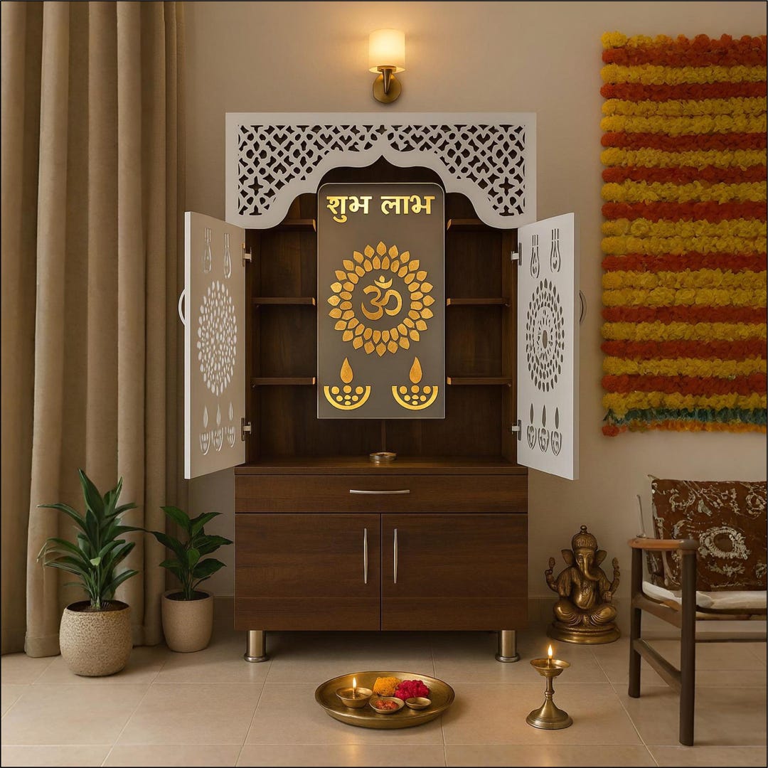 Wooden Pooja Mandir for Home | Engineered Wood Temple With LED Om ...