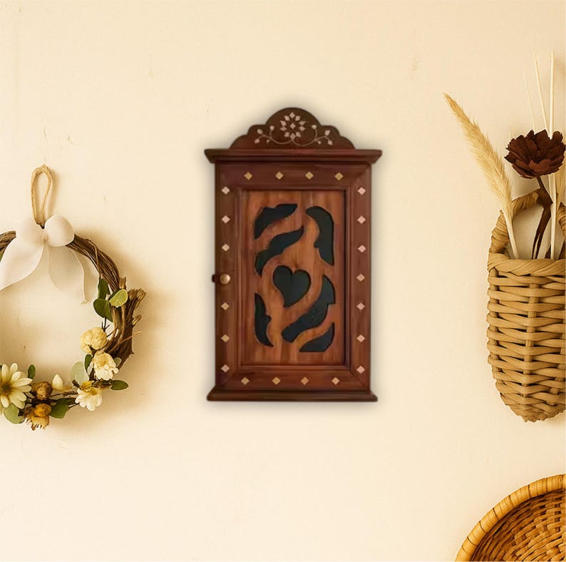 Wooden Key Holder With Glass Panels | Floral Carved Key Cabinet | Wall ...
