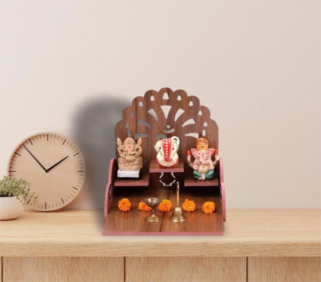 Wooden Pooja Mandir With Decorative Back Panel | Compact Home Temple ...