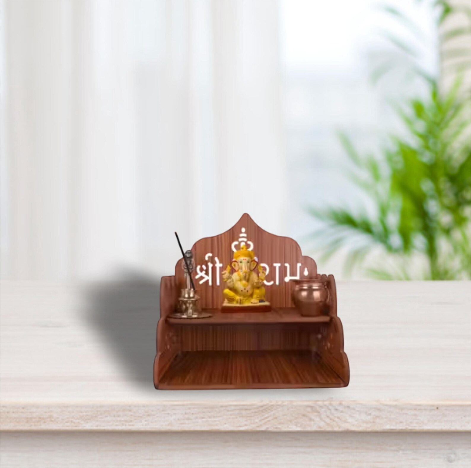 Wooden Wall Mounted Pooja Mandir | Compact Temple With Ganesh Backdrop ...