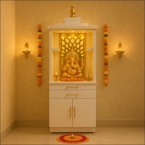 White Solid Wood Pooja Mandir for Home | Handmade Hindu Temple Cabinet ...