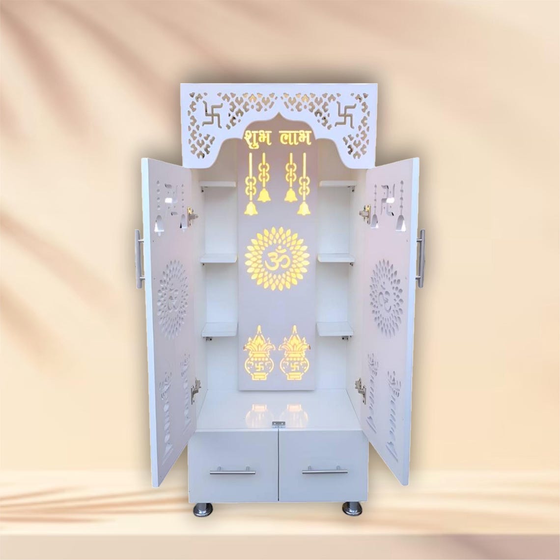 White Wooden Pooja Mandir for Home | Engineered Wood Temple With LED Om ...