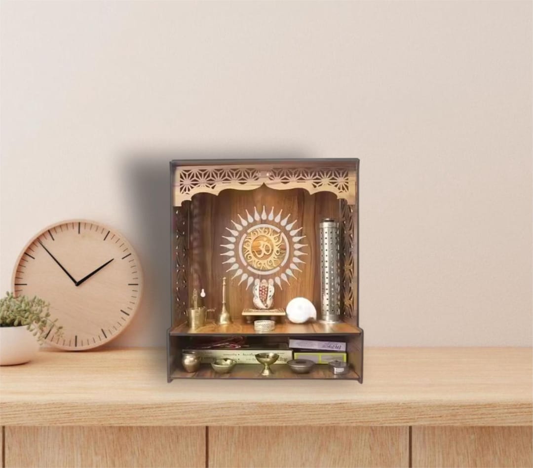 Traditional Wooden Wall Mounted Temple With Om Sun Design | Compact ...