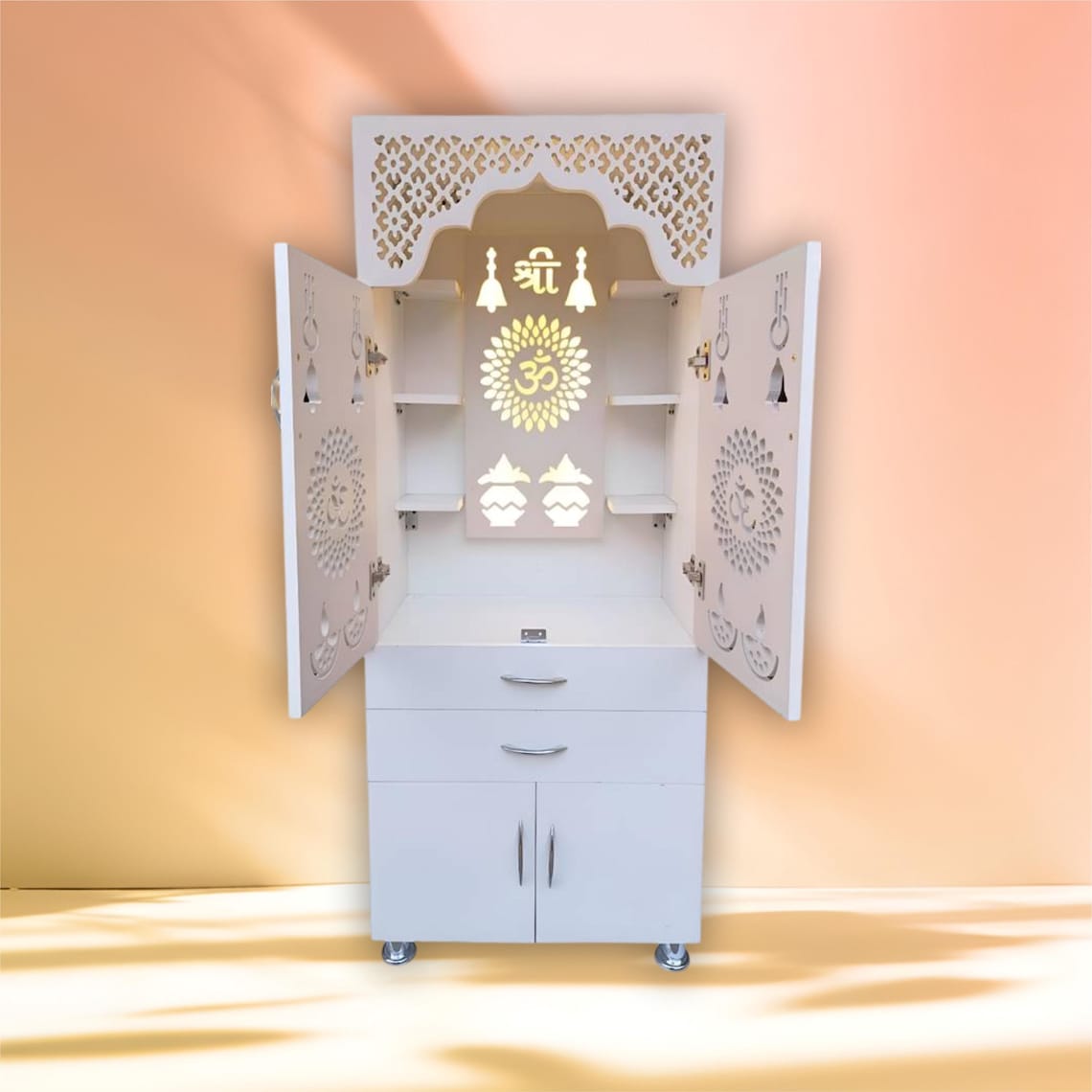 White Wood Pooja Mandir With Storage Cabinet, LED Backlit Om Symbol ...