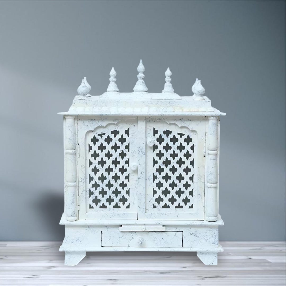 White Solid Wood Temple With Marble Finish Look, Home Pooja Mandir With ...