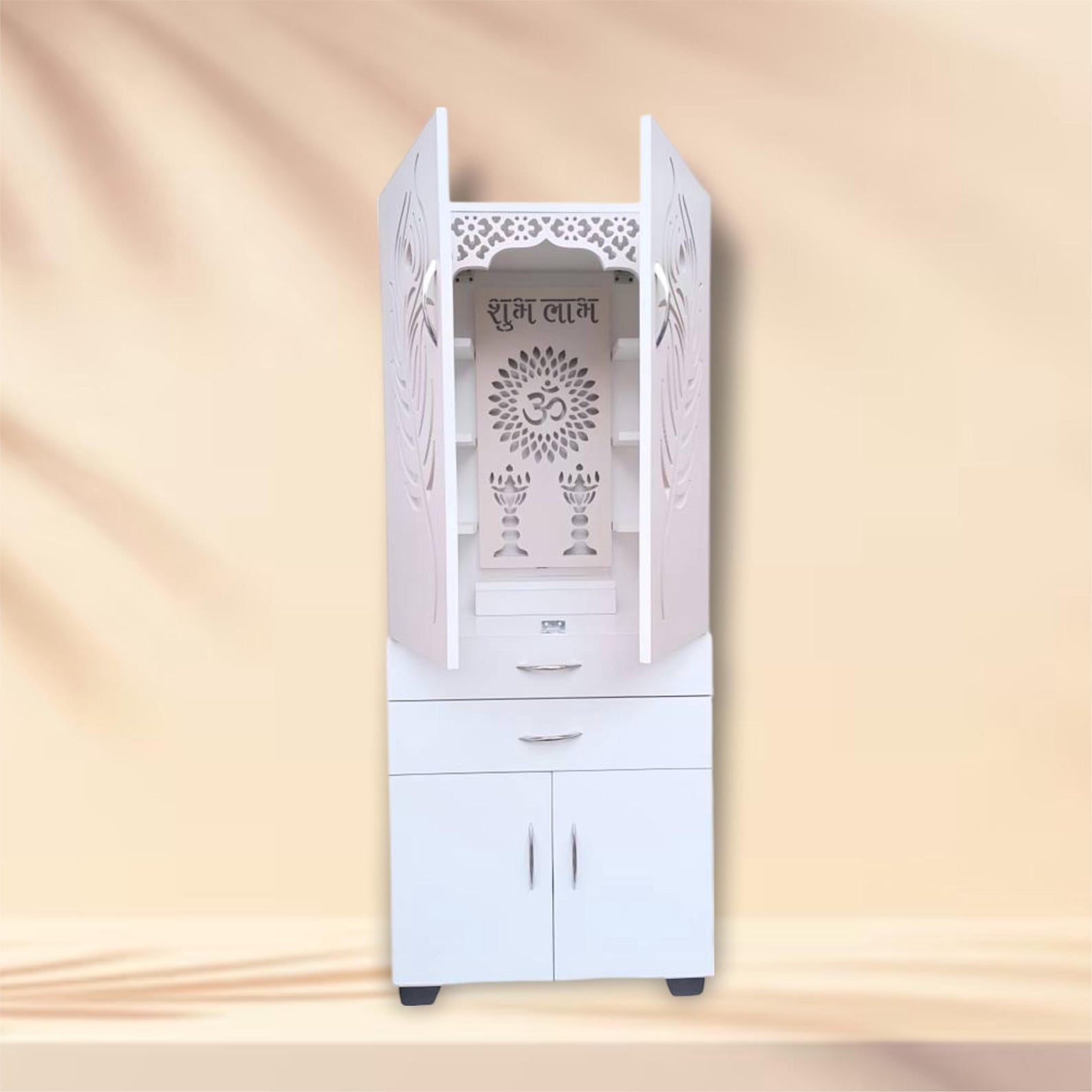 Engineered Wood Pooja Mandir for Home in Elegant White With Backlit Om ...
