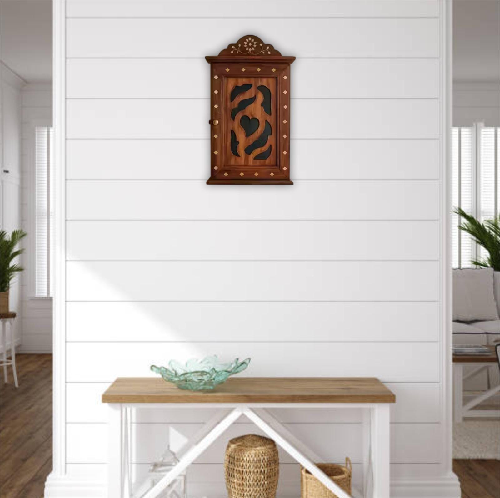 Wooden Key Holder With Glass Panels | Floral Carved Key Cabinet | Wall ...