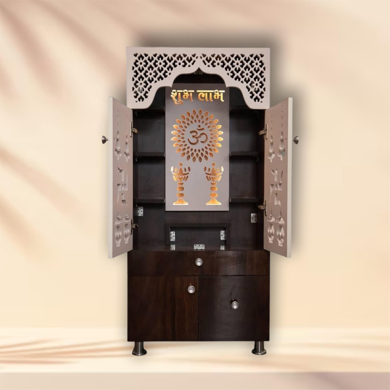 Wooden Pooja Mandir With Doors | Engineered Wood Temple With Storage ...