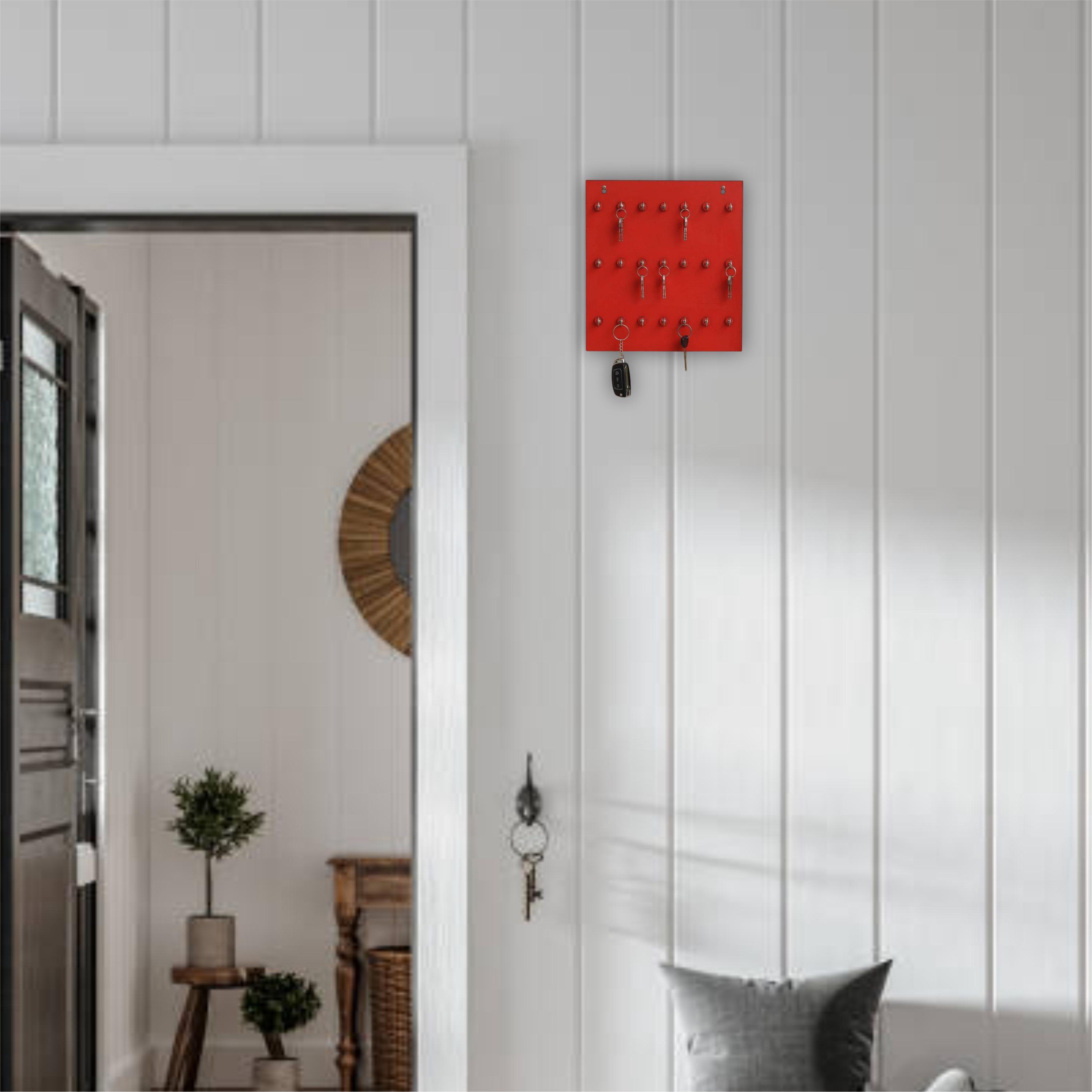 Large Wooden Key Holder Board | 24 Hook Wall Mounted Organizer | Red ...