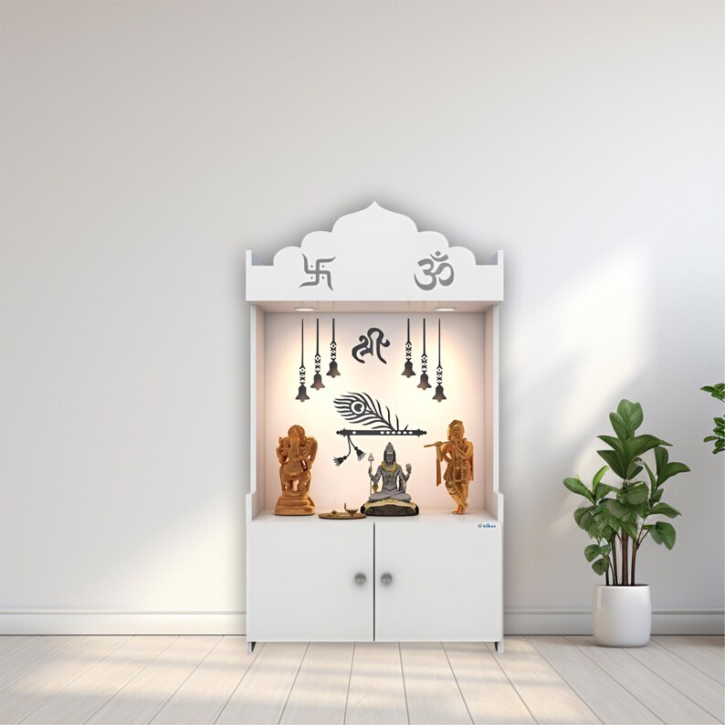 Large White Wooden Pooja Mandir With Cabinet | Wall-mounted Temple for ...