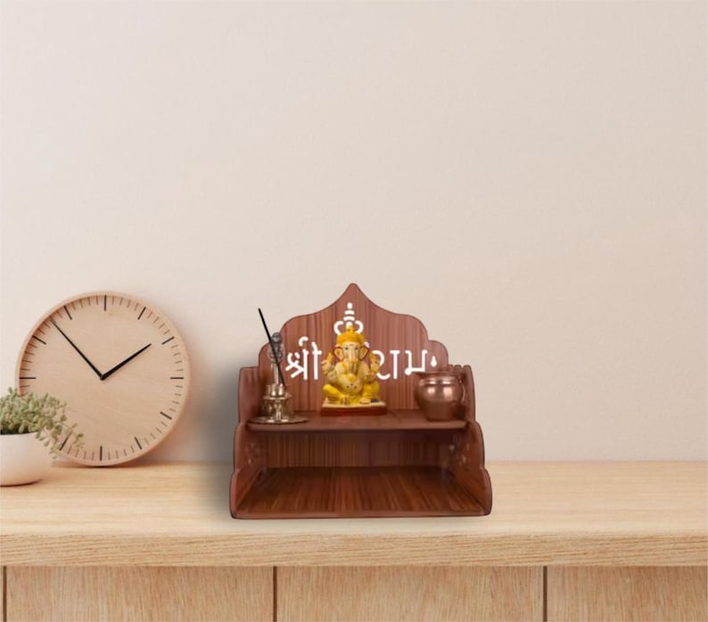 Wooden Wall Mounted Pooja Mandir | Compact Temple With Ganesh Backdrop ...