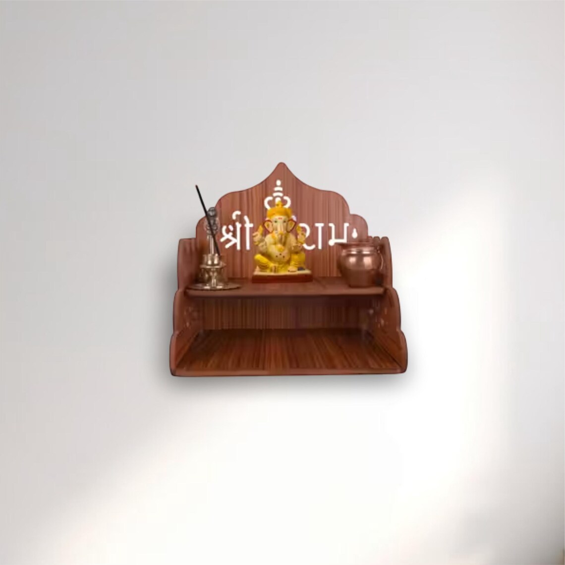 Wooden Wall Mounted Pooja Mandir | Compact Temple With Ganesh Backdrop ...