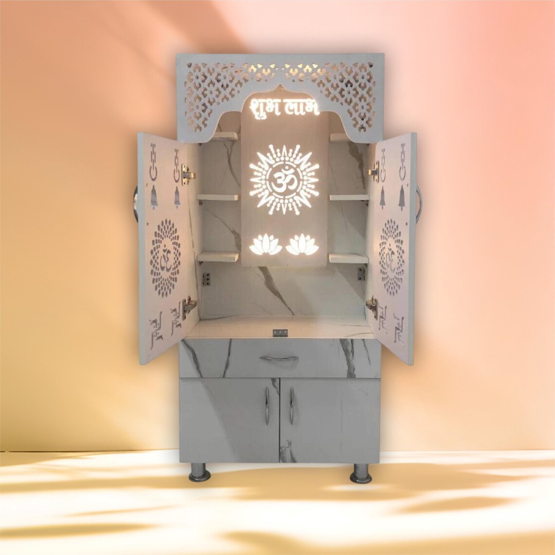 Handcrafted Solid Wood Pooja Mandir for Home Wall Mounted With LED ...