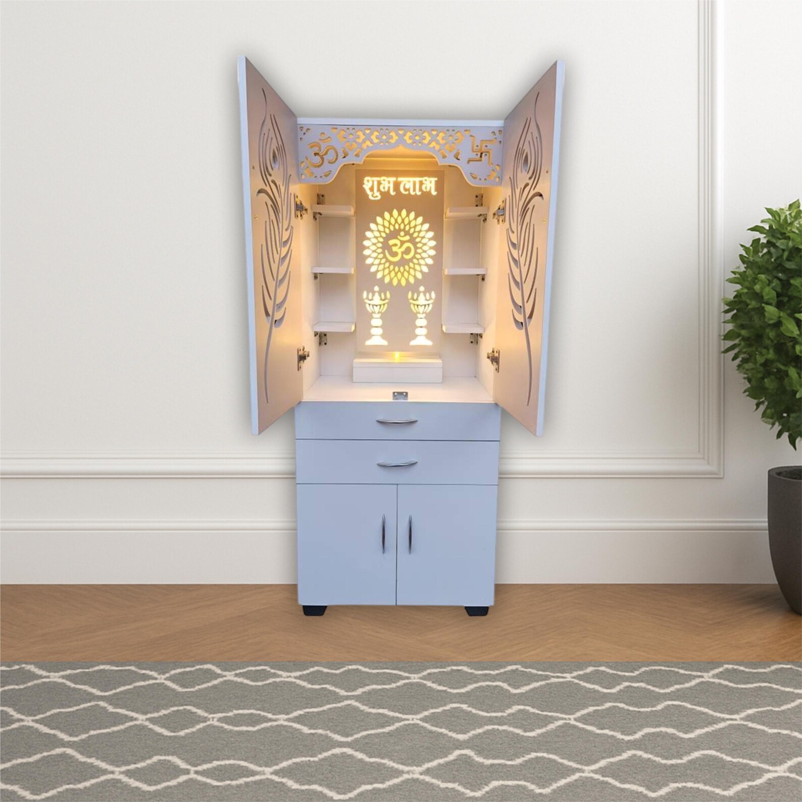 Engineered Wood Pooja Mandir for Home in Elegant White With Backlit Om ...