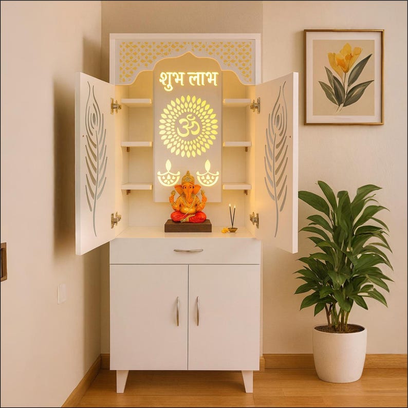 Engineered Wood Pooja Mandir for Home in Elegant White With Backlit Om ...