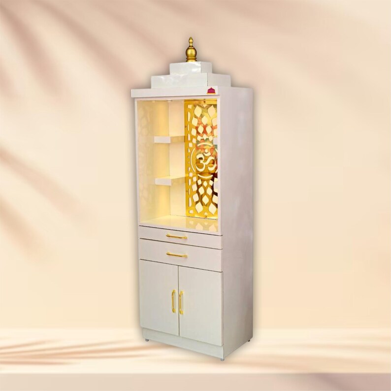 White Solid Wood Pooja Mandir for Home | Handmade Hindu Temple Cabinet ...