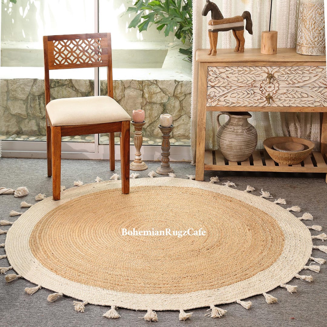 Handwoven Round Jute Rug - Natural Boho Circle Rug for Home Decor Jute ...