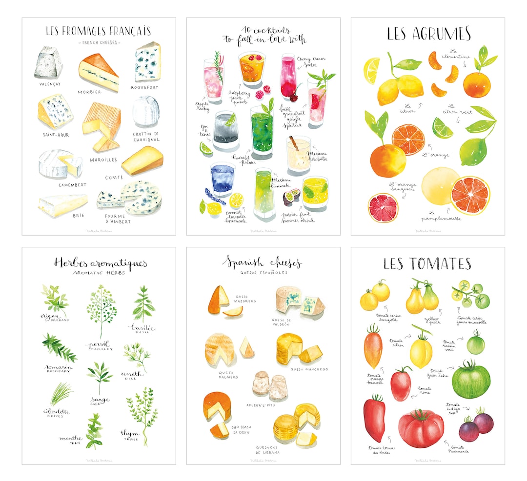 Set of 6 Kitchen Printables, Digital Food Print, Kitchen Poster Set ...