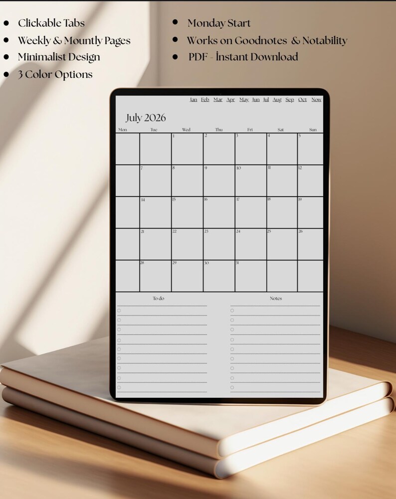 2026 Monday Start Digital Planner | White, Black Gray | Hyperlinked PDF ...