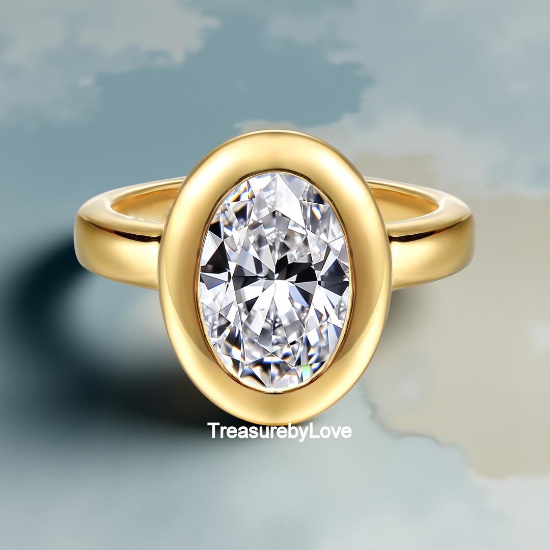 Chunky Bezel Set Solitaire Diamond Ring, Classic 8x6 MM Oval Cut ...