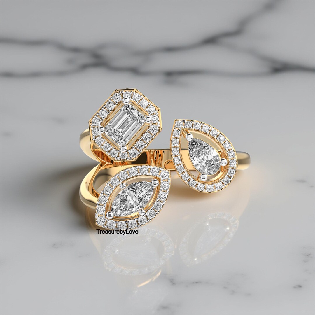 Luxury Three Stone Engagement Ring, Multi Shape Moissanite Halo Ring ...