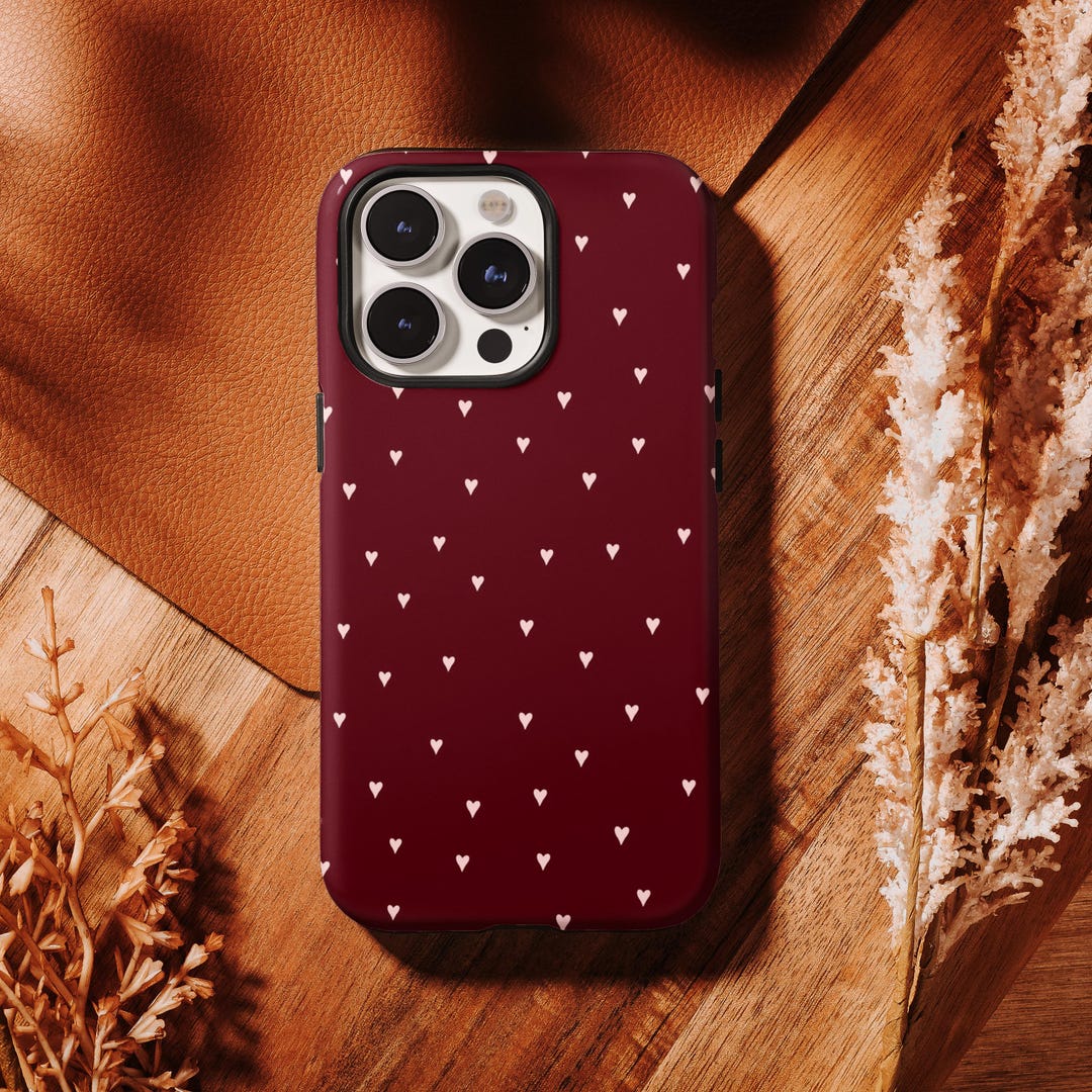 Burgundy Heart Pattern Phone Case, Dainty Red Heart Aesthetic Cover ...