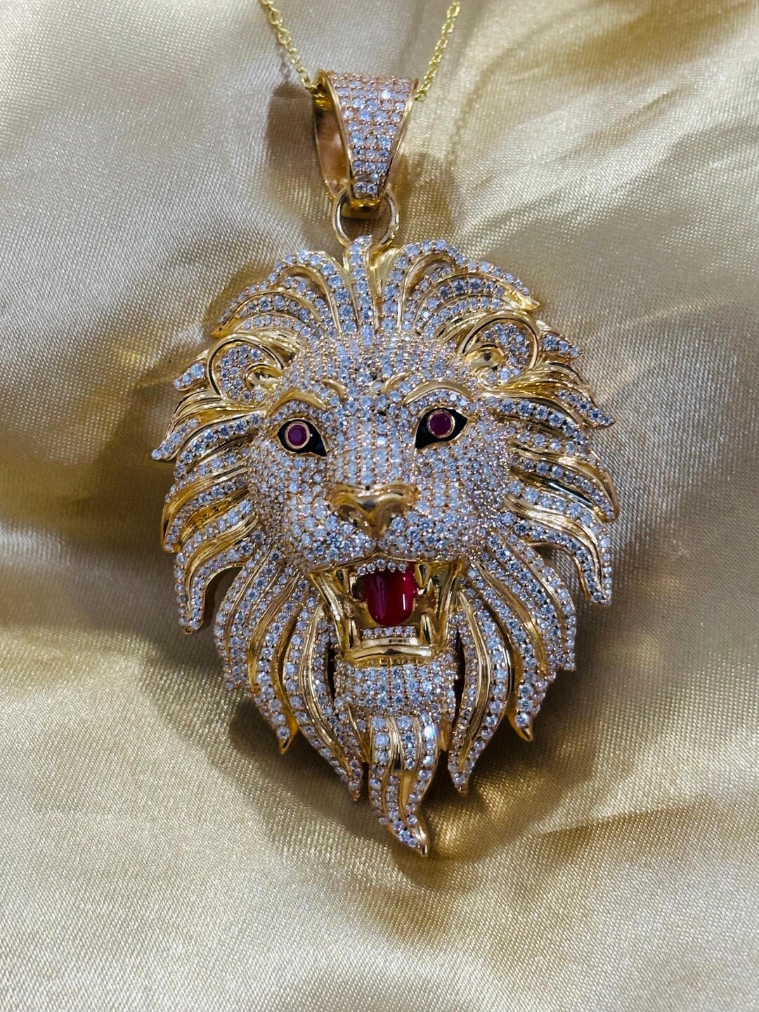 Iced Out Lion Pendant Necklace | 14K Gold Plated, CZ Diamond, Red Eye ...