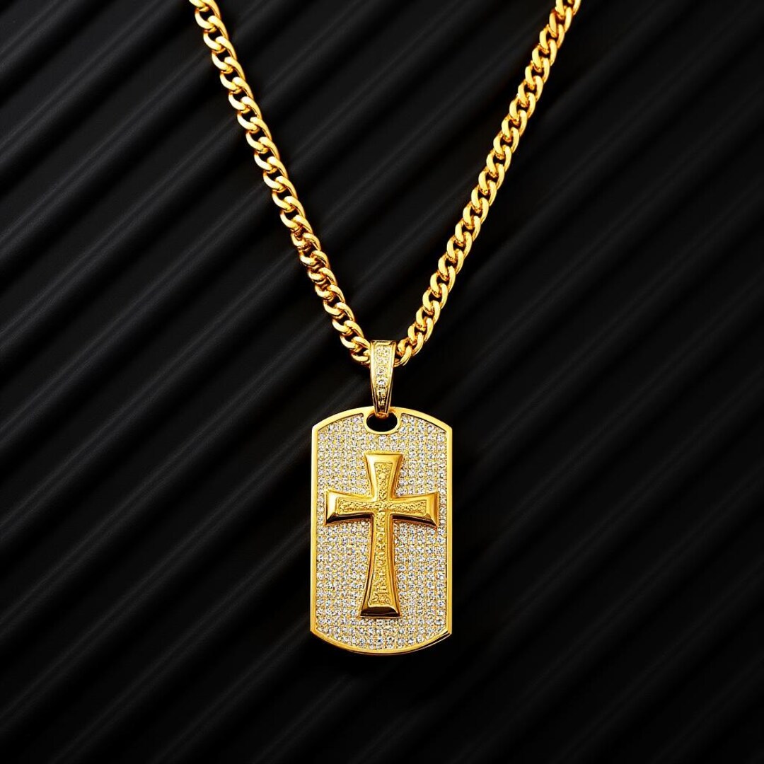 Gold Cross Dog Tag Necklace | Iced Out Cubic Zirconia, Sterling Silver ...