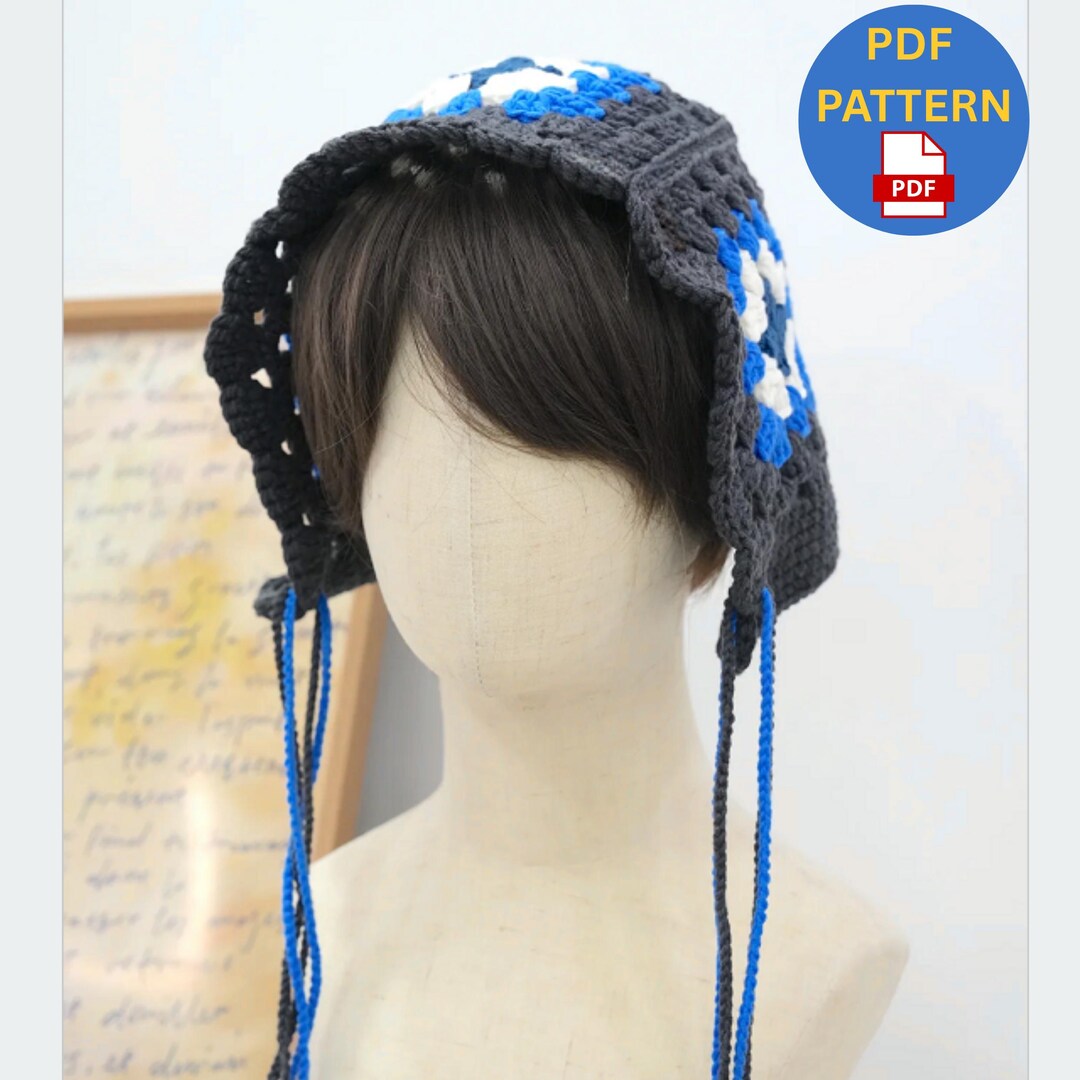 Gray Blue Granny Square Bonnet Crochet Pattern PDF - Vintage Tie Hat ...