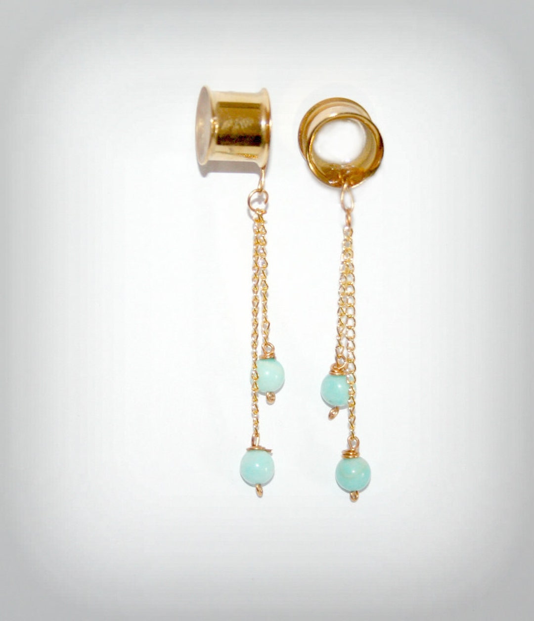 Golden Ear Plugs With Blue Jade and Chains, Ear Plugs, Dangle Gauges ...