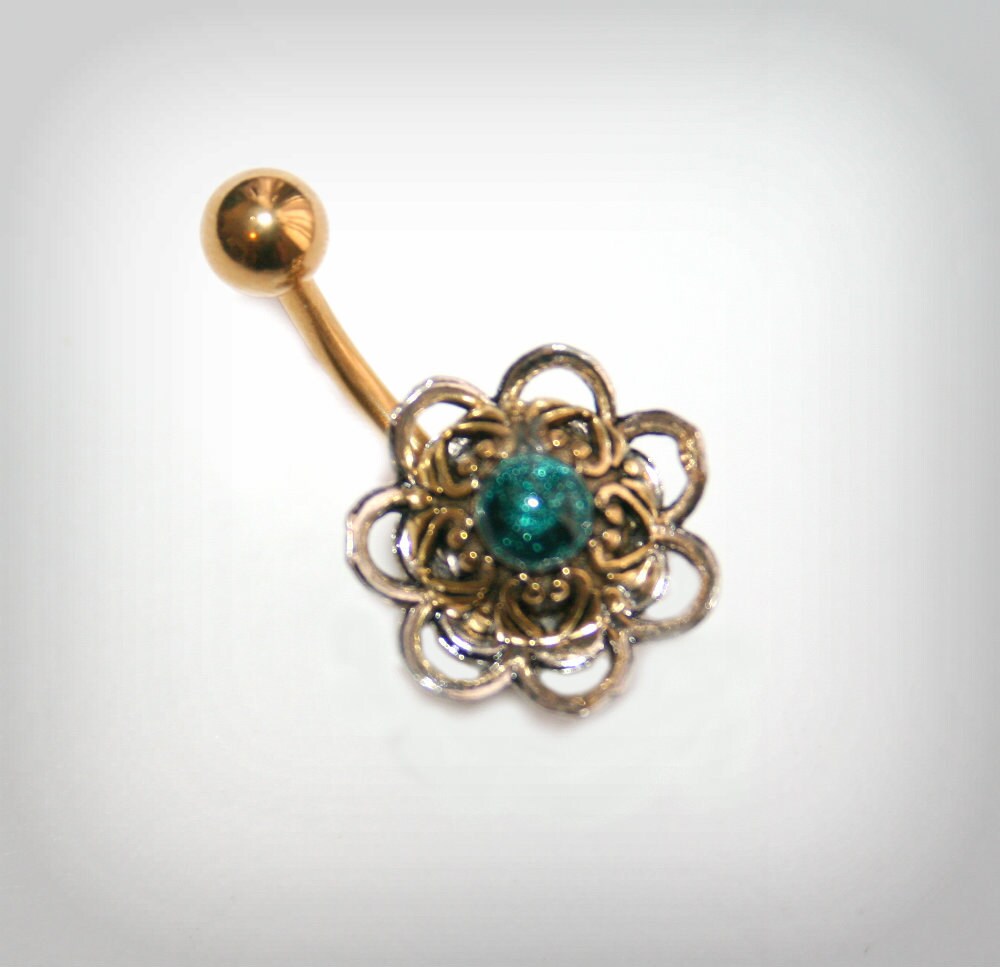 Golden and Silver Flower Belly Bar Belly Button Jewelry | Etsy