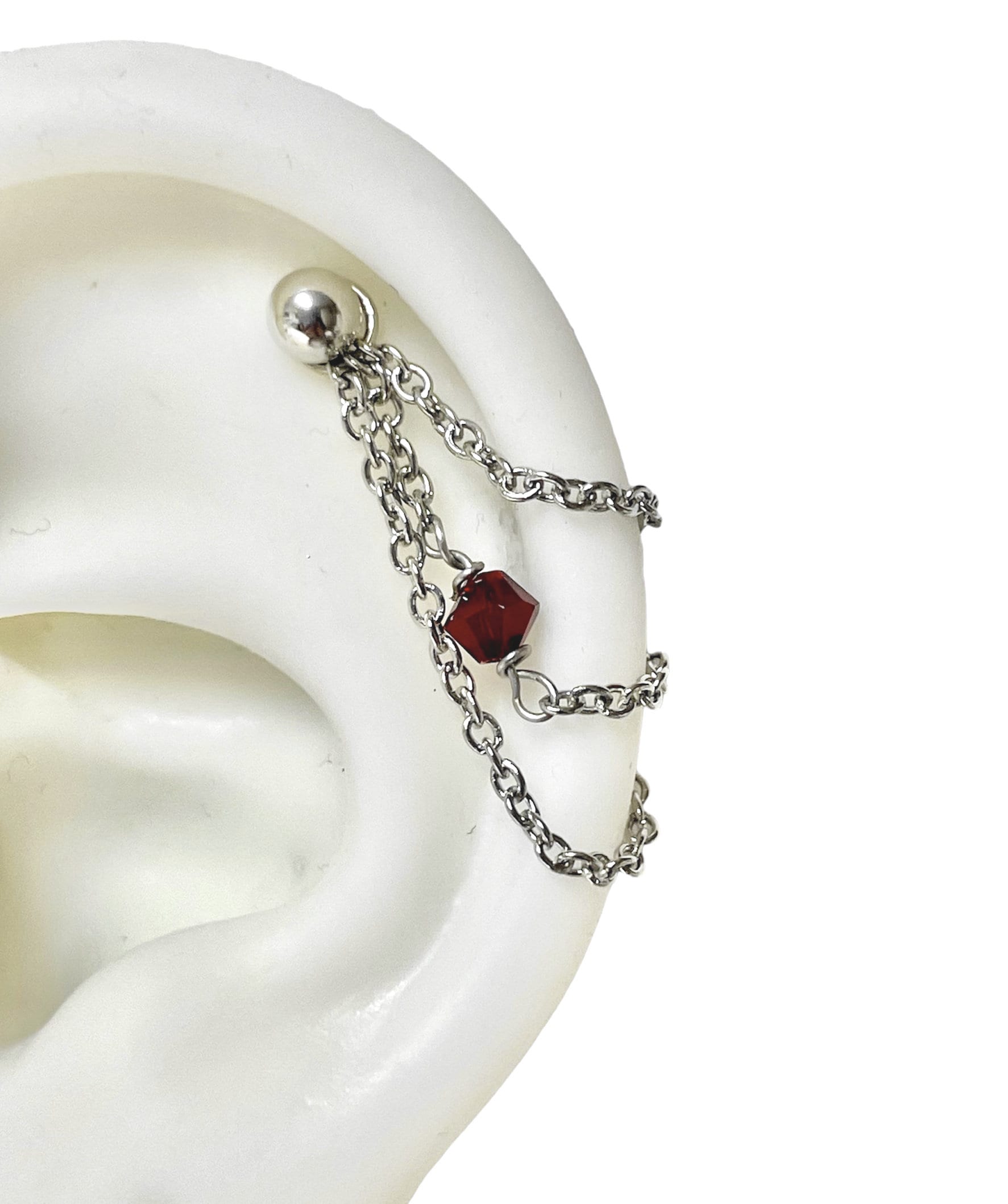 Helix or Conch Piercing : Stainless Steel Chain With Red Crystal (14/16 ...
