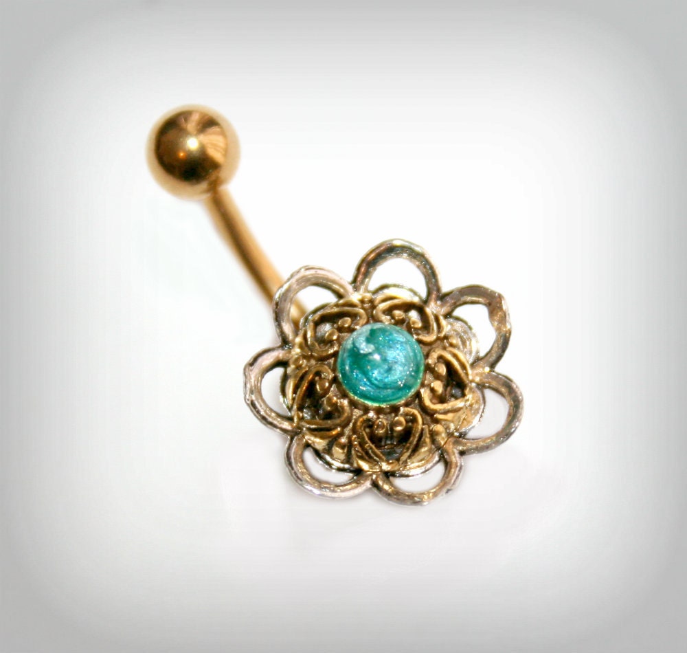 Golden and Silver Flower Belly Bar Belly Button Jewelry | Etsy