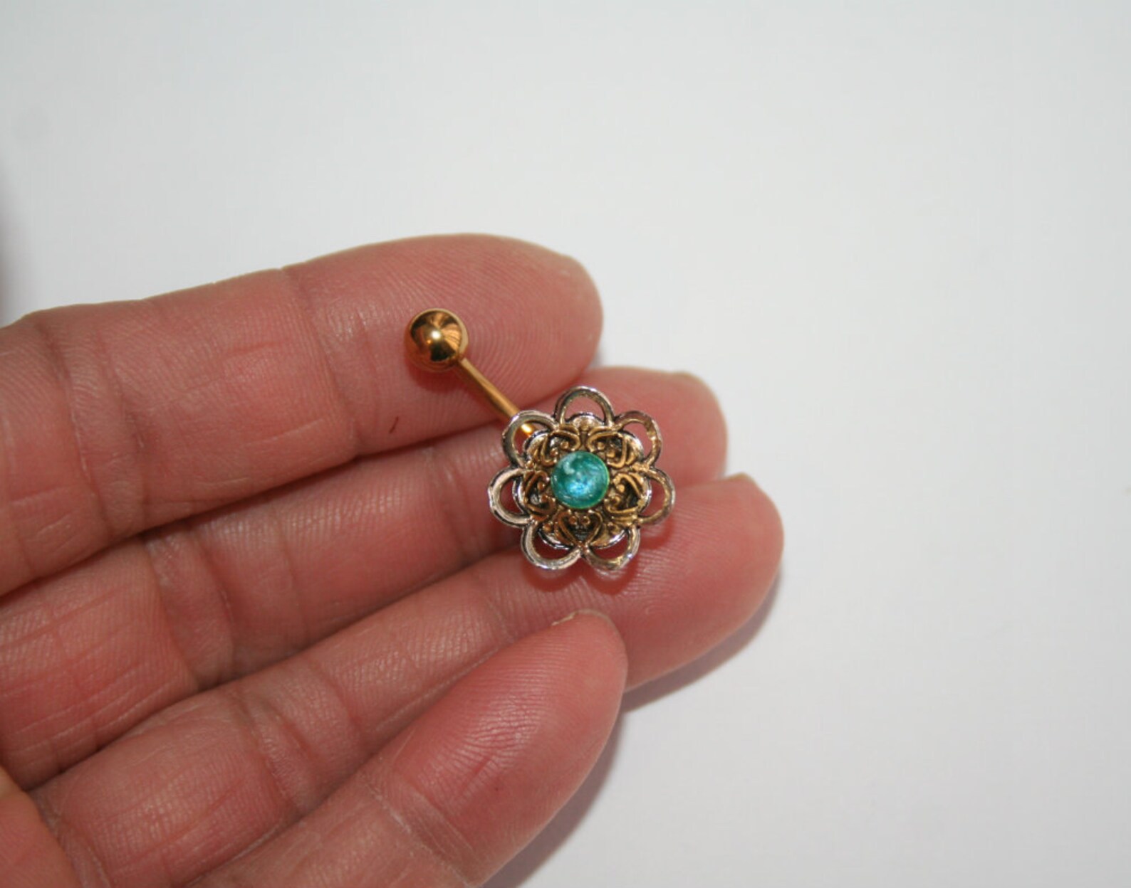 Golden and Silver Flower Belly Bar Belly Button Jewelry | Etsy